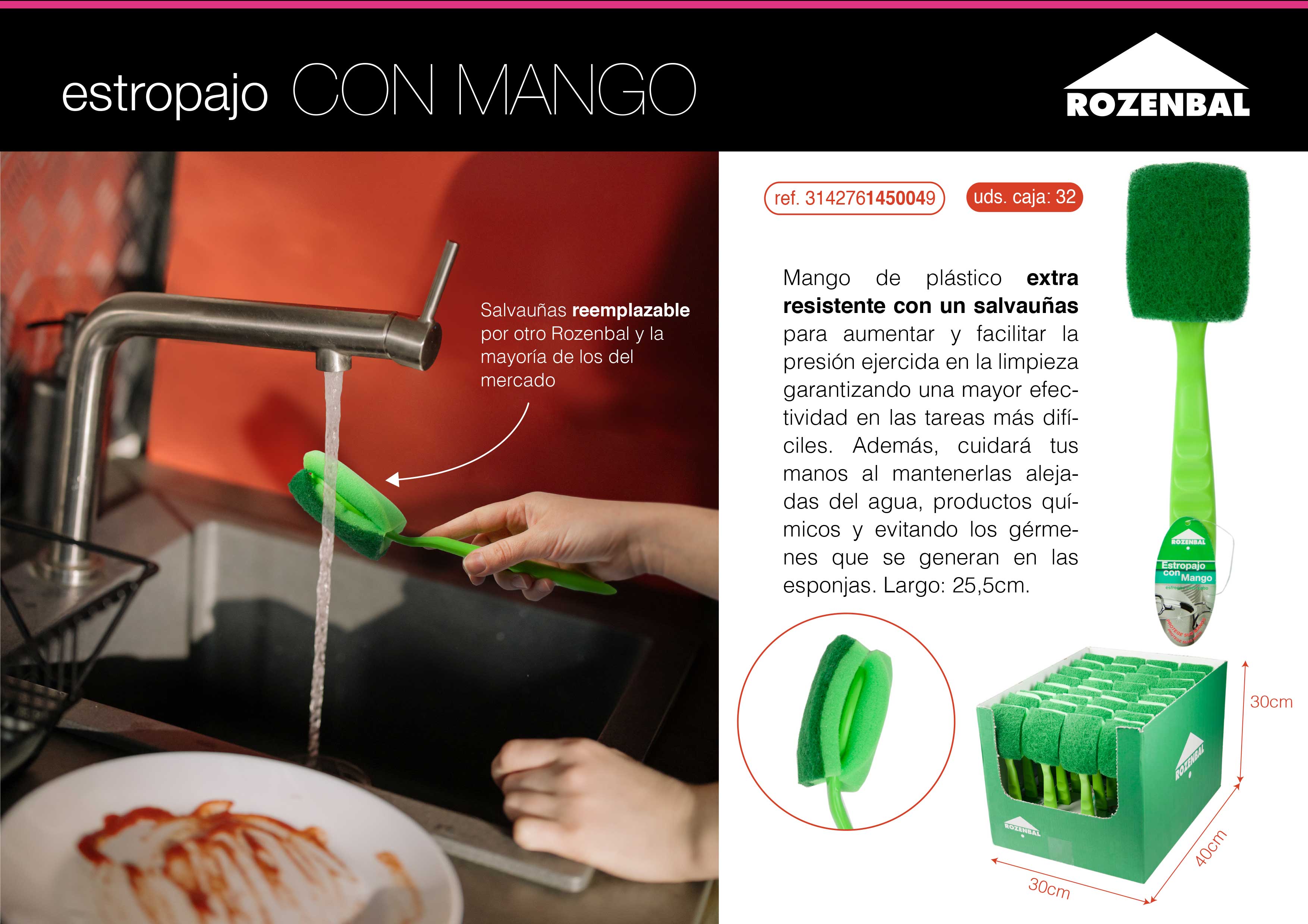 Estropajo con mango - 9 x 7 x 4,55 - bicapa | Rozenbal Ibérica