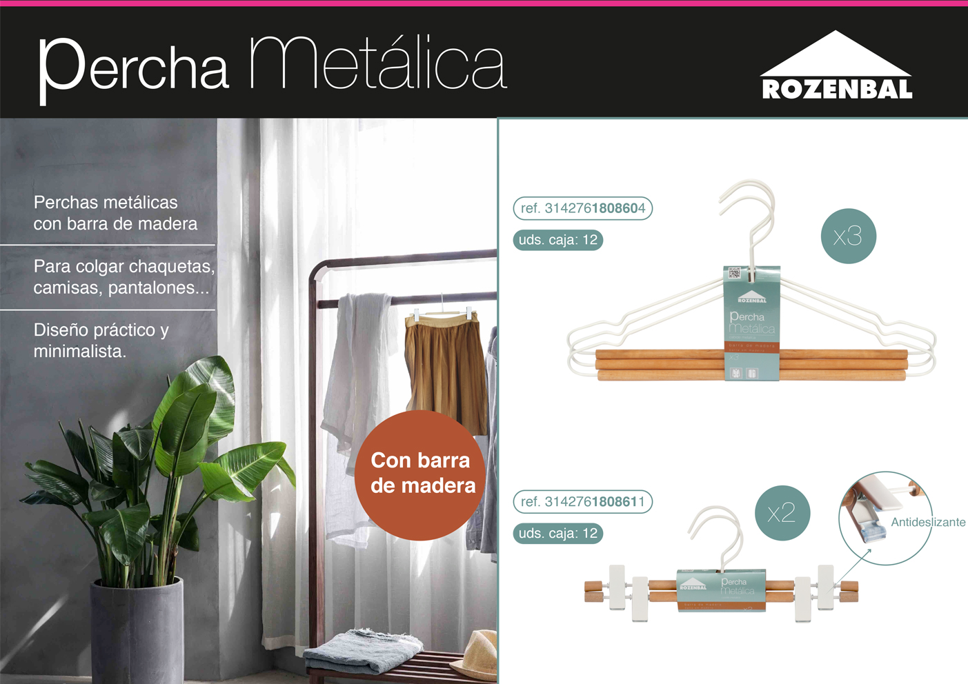 Percha metálica con madera y pinzas x2 | Rozenbal Ibérica